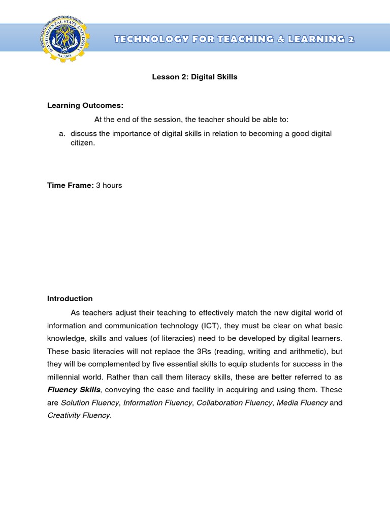 Lesson 2 - Digital Skills | PDF | Fluency | Information Literacy