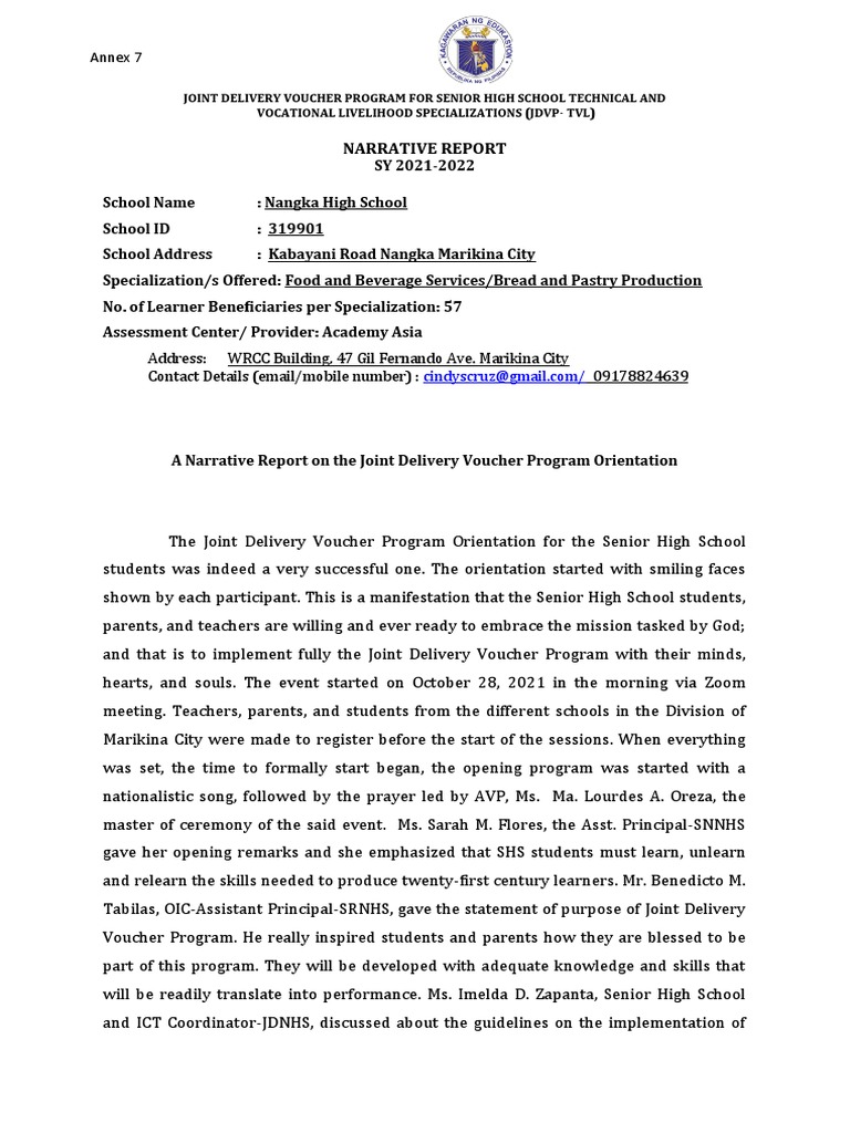 NHS Annex 7 JDVP TVL Narrative | PDF | Learning | Behavior Modification