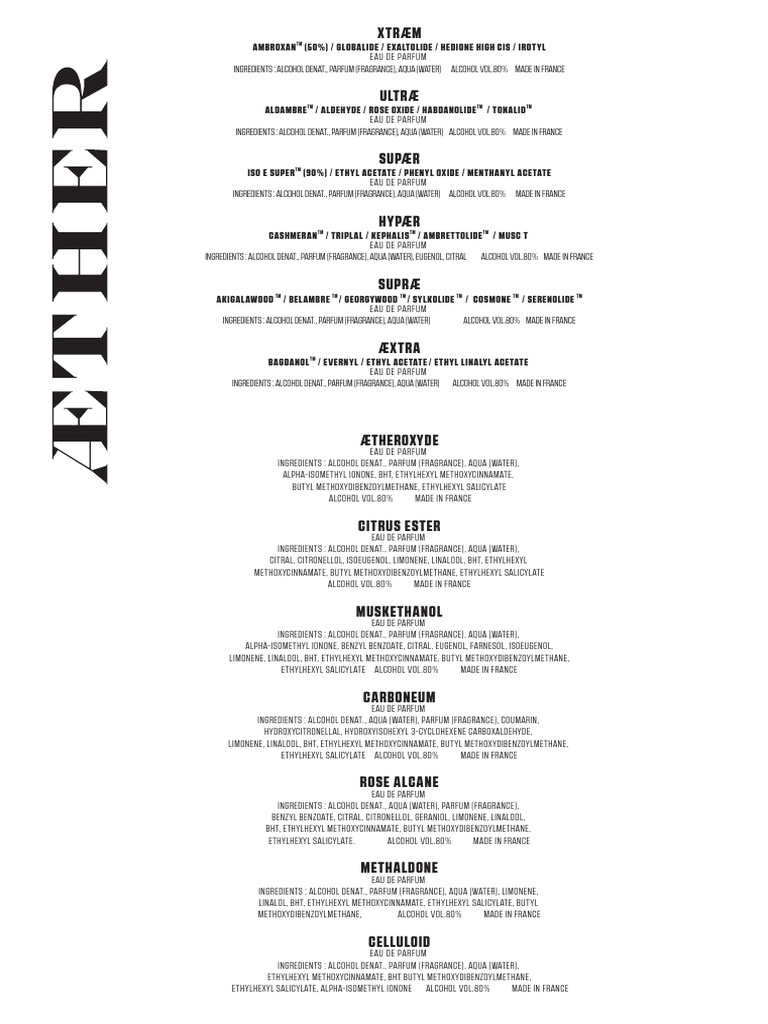 Aether Ingredients List | PDF | Perfume | Chemical Compounds