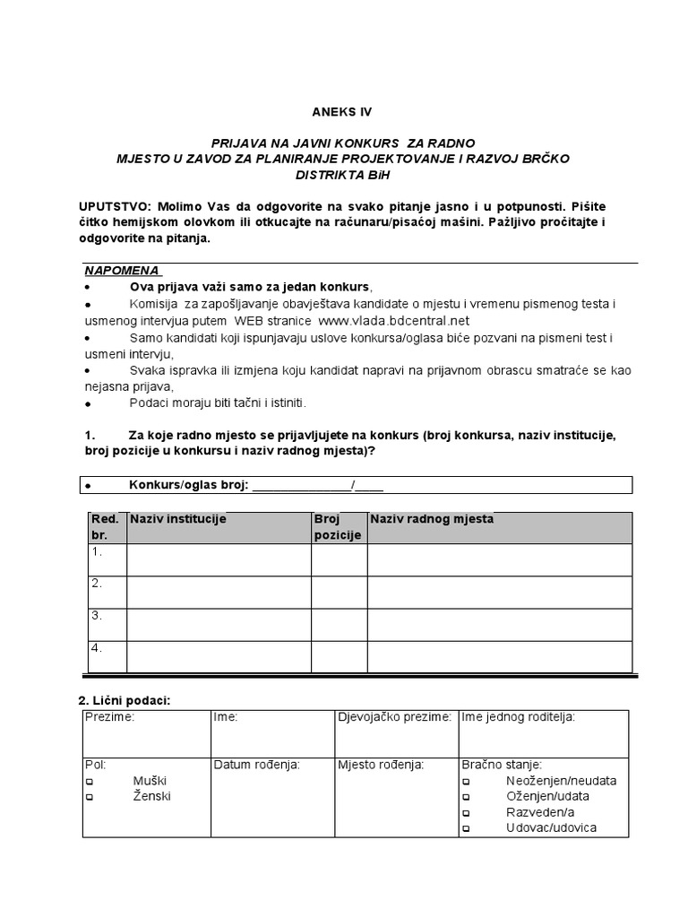 Obrazac-Prijava Na JK Za Radno Mjesto U ZzPPiR BD BiH-Lat | PDF