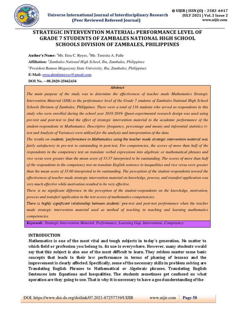 Strategic Intervention Material: Performance Level OF Grade 7 Students ...