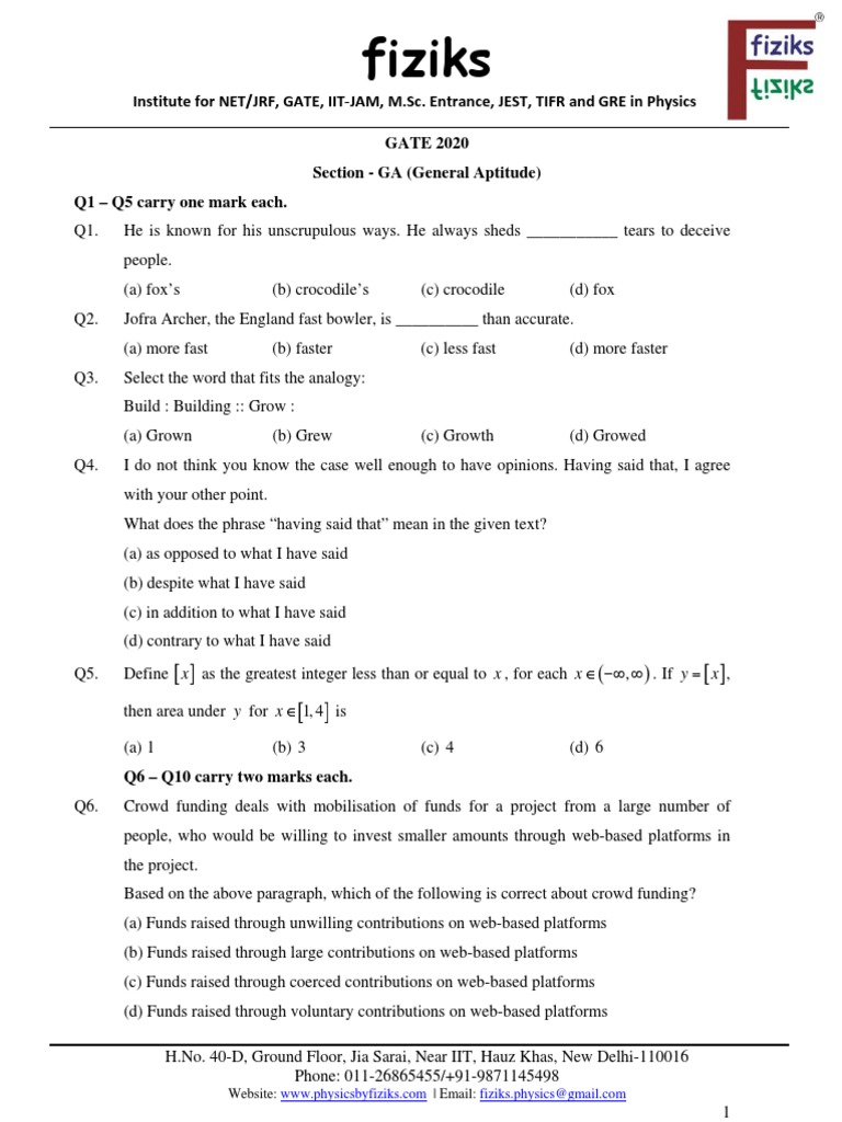 GATE 2020 Question Paper | PDF | Electronvolt | Atoms