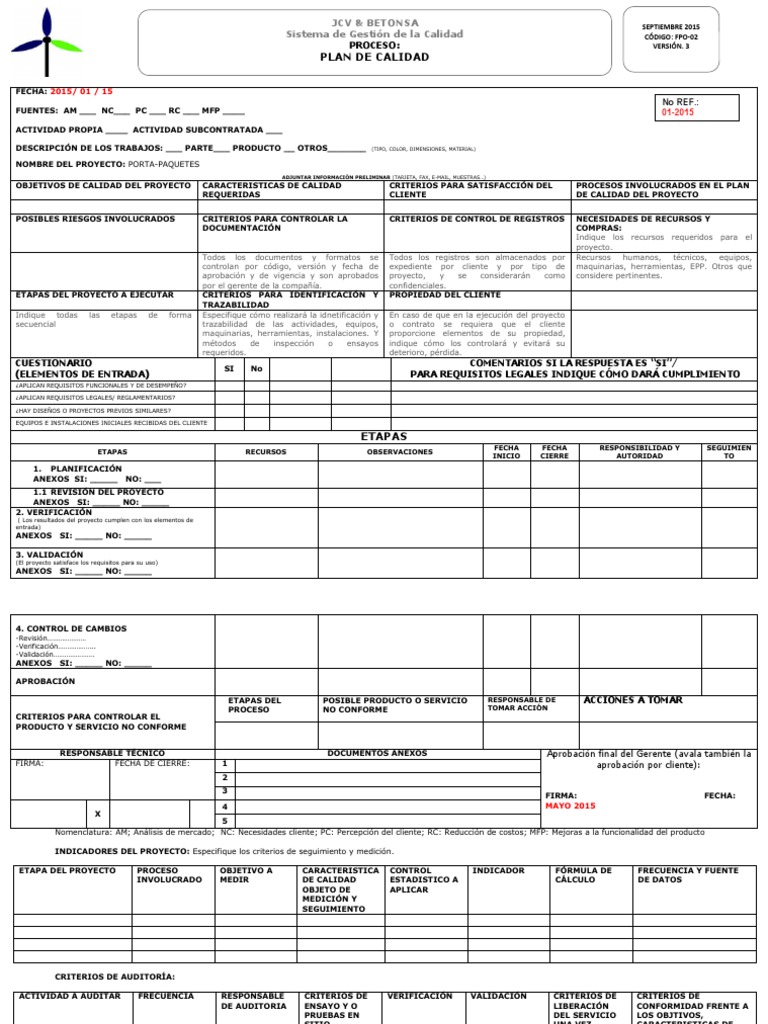 Formato Fpo-02 V3-Plan de Calidad | PDF | Calidad (comercial) | Informática