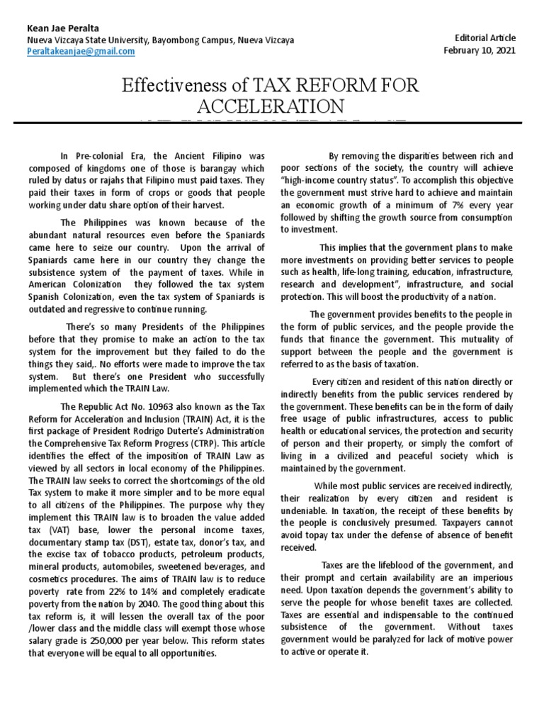 Effectiveness of TAX REFORM FOR Acceleration and Inclusion (Train) Act ...