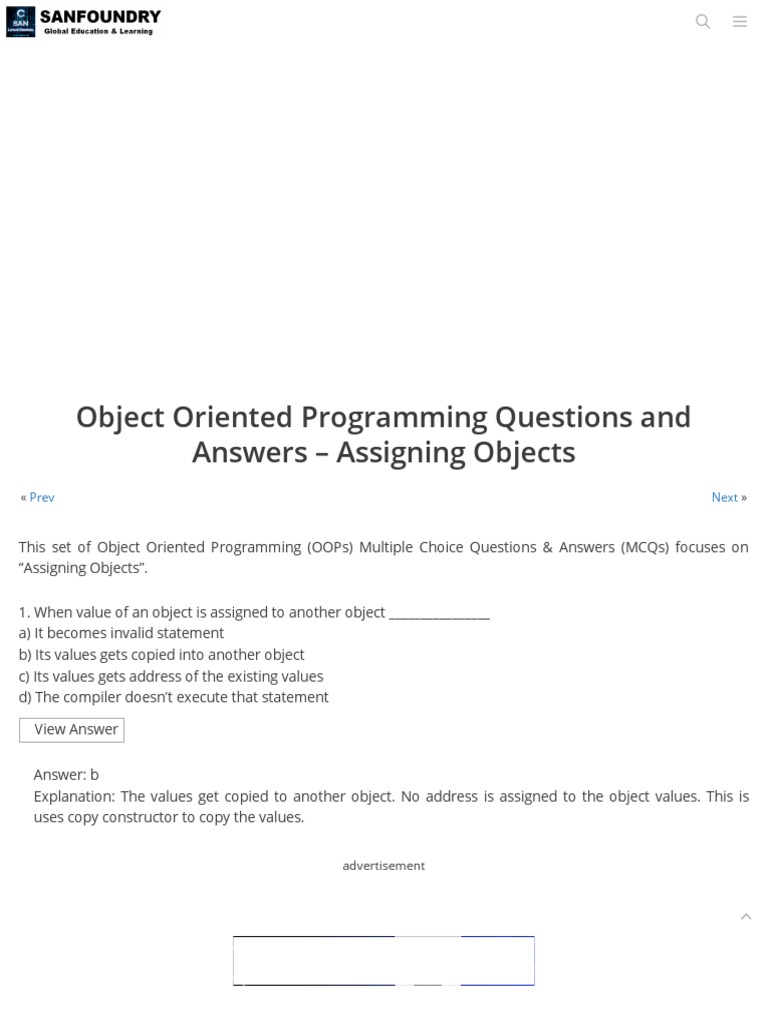Object Oriented Programming Questions and Answers - Assigning Objects ...
