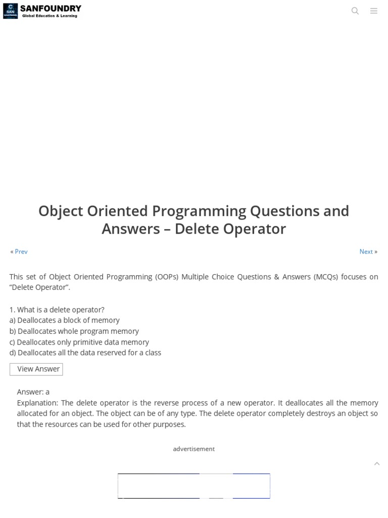 Object Oriented Programming Questions And Answers Delete Operator Pdf Pointer Computer 4795
