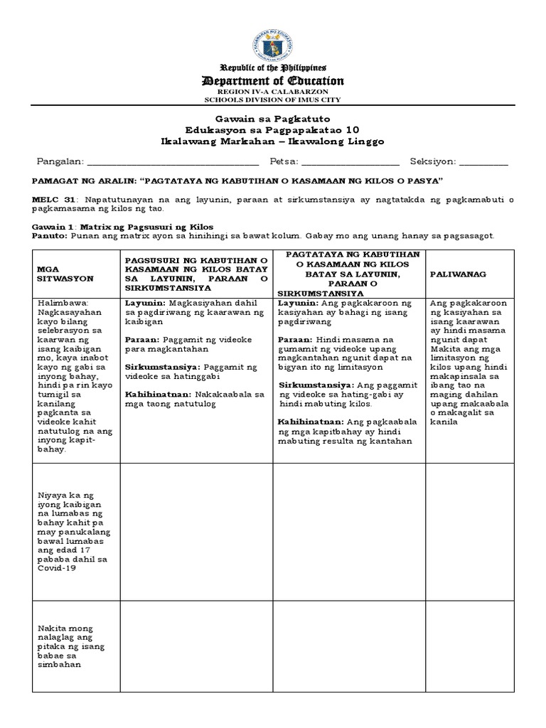 Department of Education: Gawain Sa Pagkatuto Edukasyon Sa Pagpapakatao 10 Ikalawang Markahan ...
