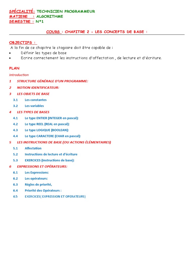Concepts de Base en Algorithmique | PDF | Variable (informatique) | Division
