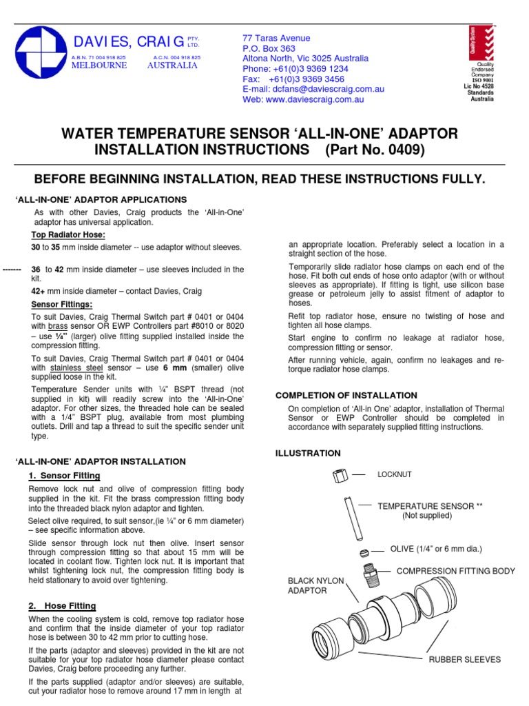 Installation Guide for Davies Craig Adaptor | PDF | Radiator | Engines