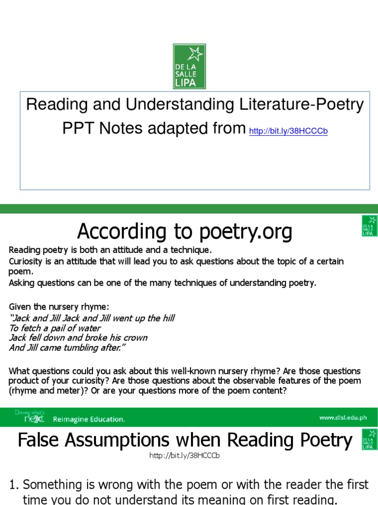 Reading and Understanding Literature-Poetry PPT Notes Adapted From ...
