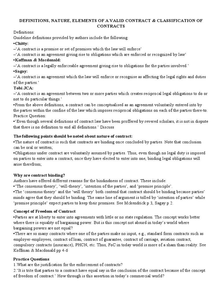 Definitions, Nature, Elements of A Valid Contract & Classification of ...