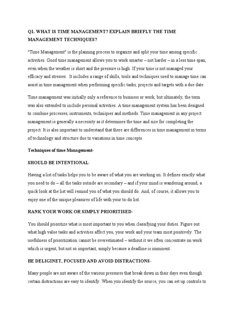 Q1. What Is Time Management? Explain Briefly The Time Management ...