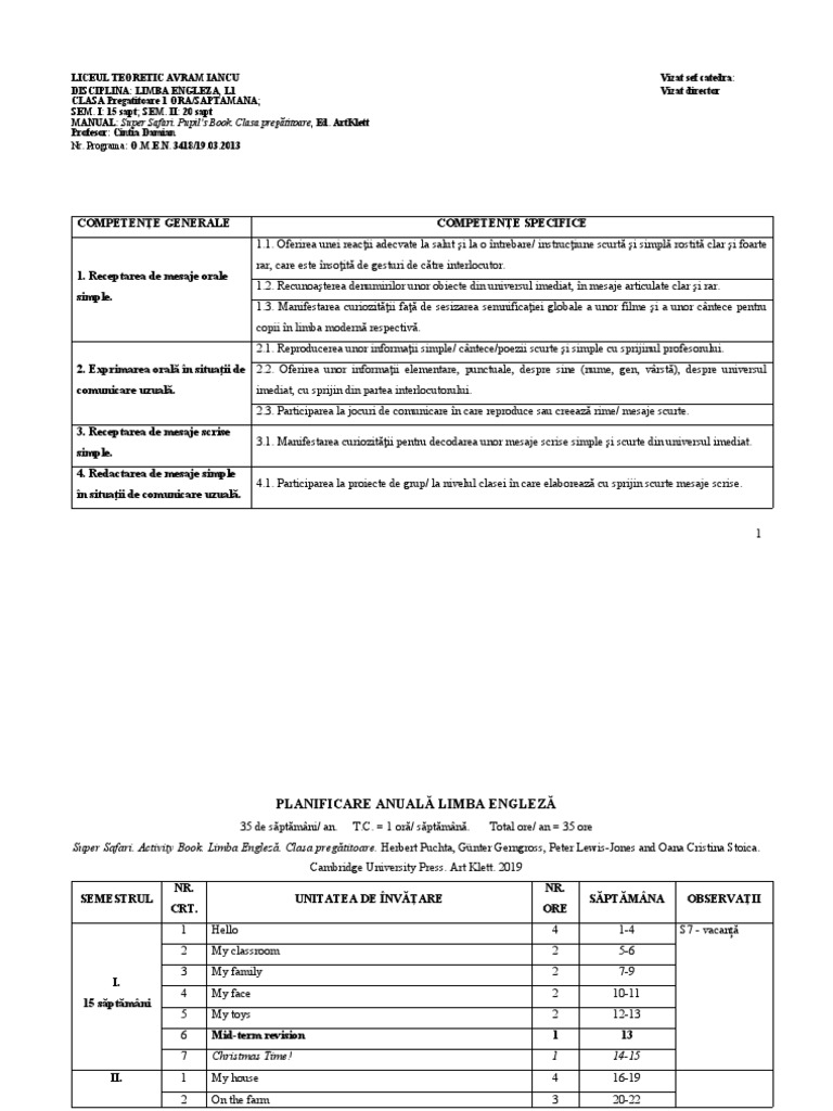 Planificare Lb. Engleza. Clasa Preg | PDF