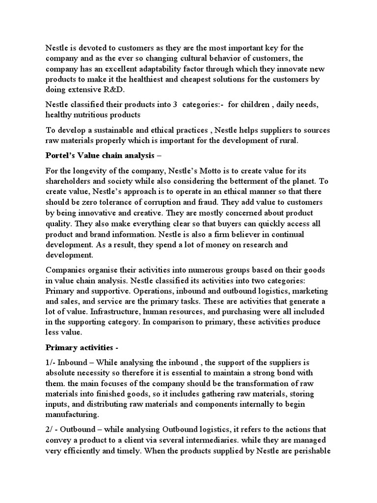 Nestle value chain analysis focuses on customer value and innovation ...