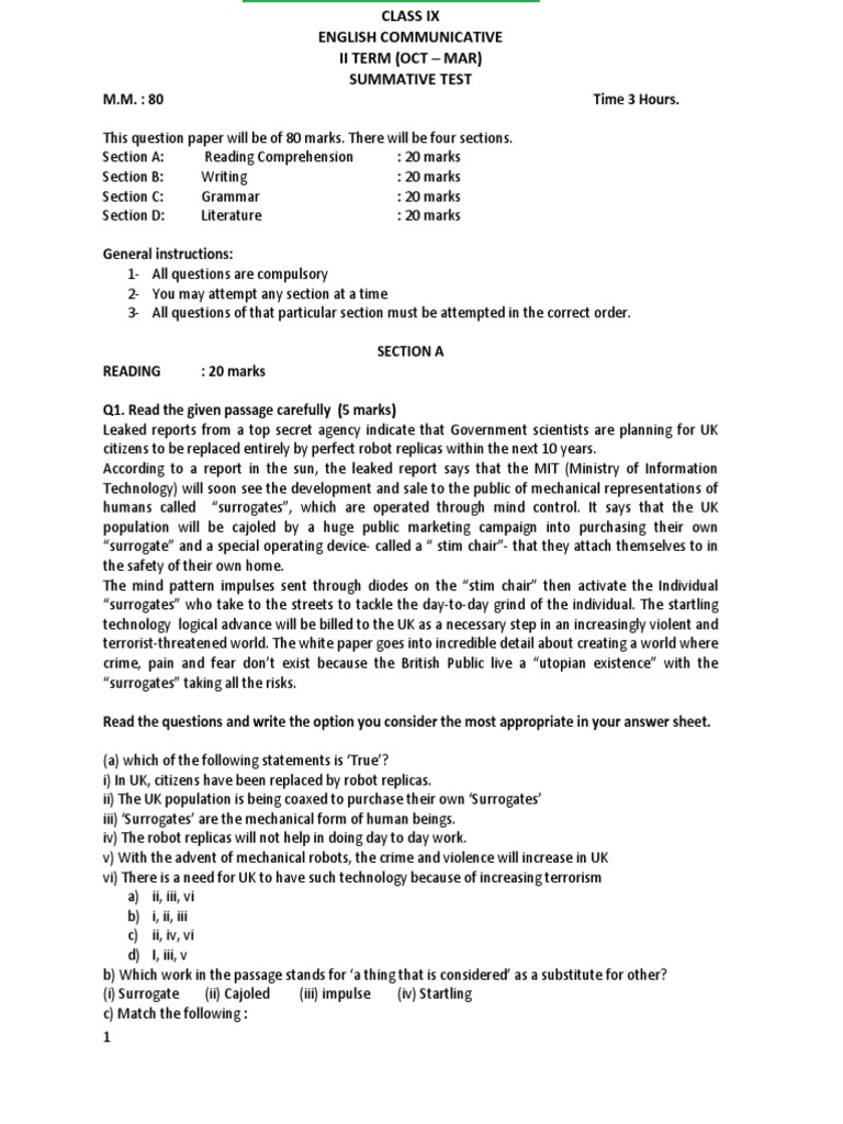 Class 9 Englishs Sa2 Cbse Sample Paper | PDF | Oxygen | Life