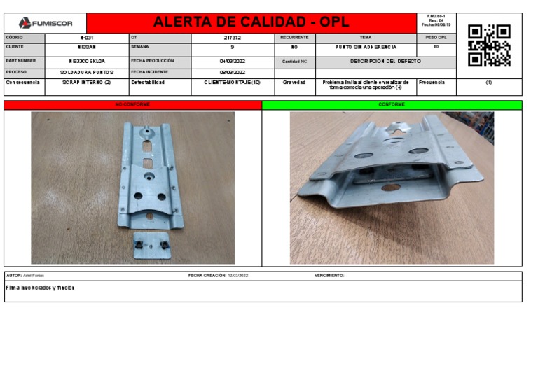 Alerta de Calidad - Opl: Descripción Del Defecto | PDF