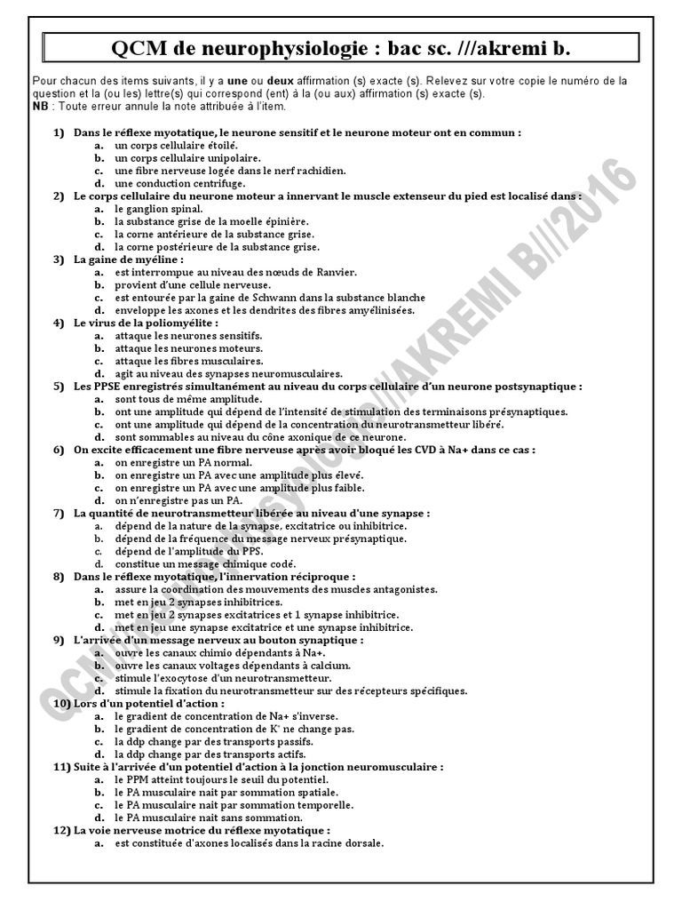 QCM Neuro 2017 | PDF | Synapse | Neurone
