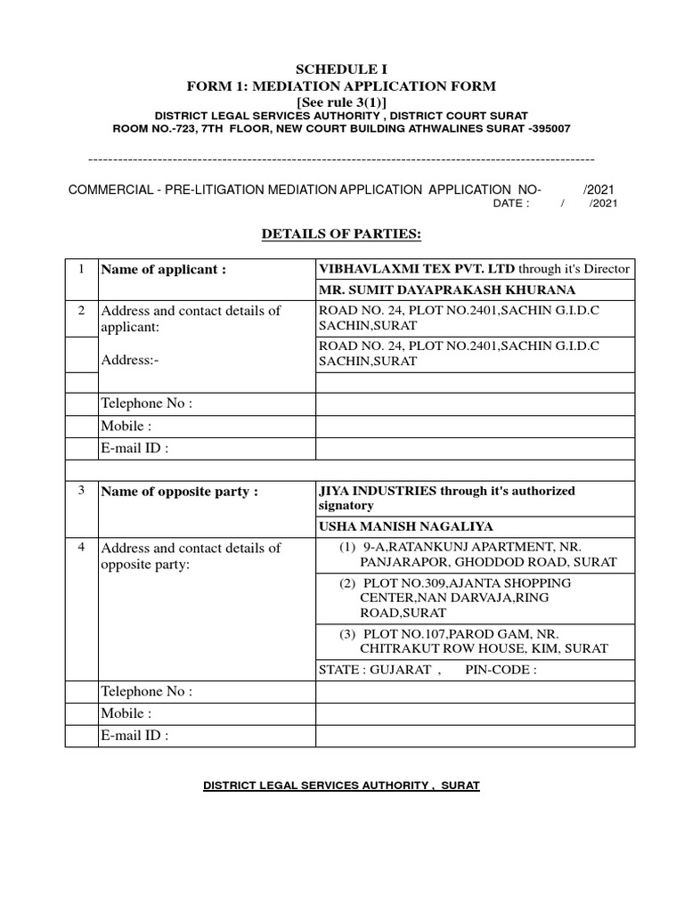 Schedule I Form 1: Mediation Application Form (See Rule 3 (1) ) | PDF ...