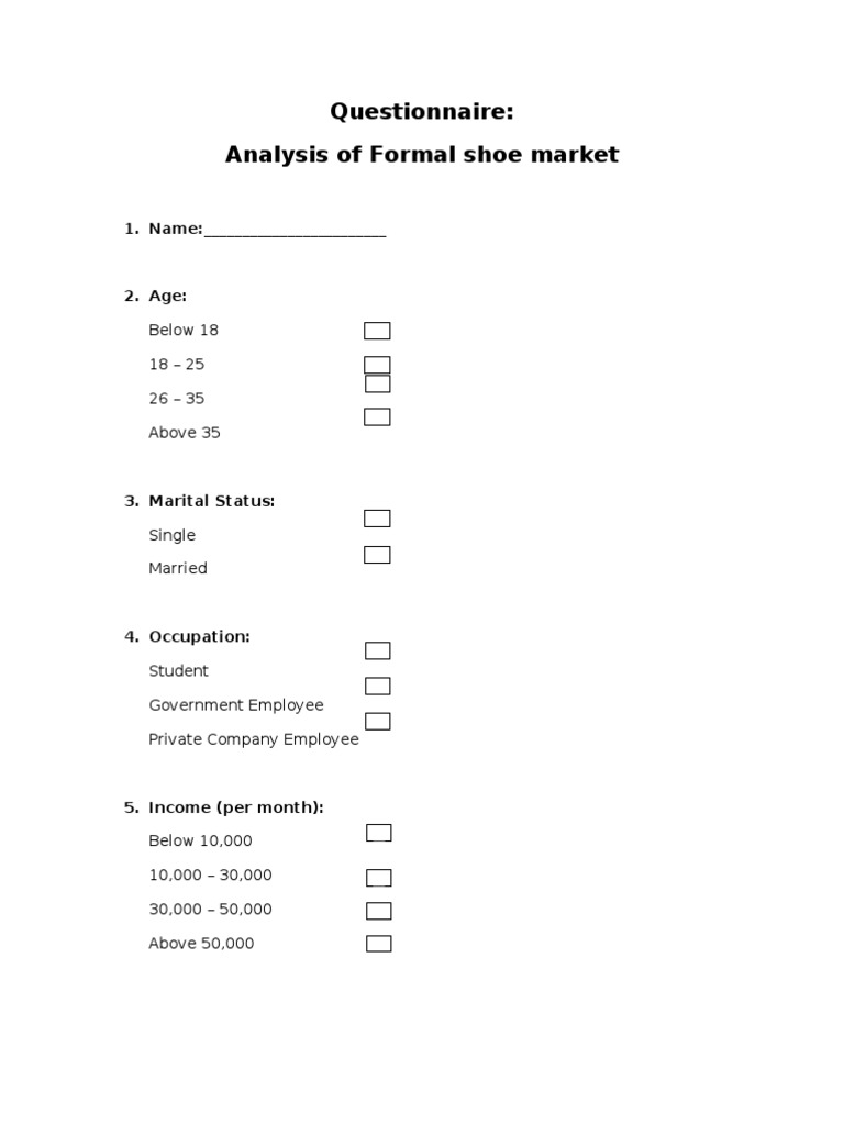 Questionnaire: Analysis of Formal Shoe Market: 1. Name | PDF