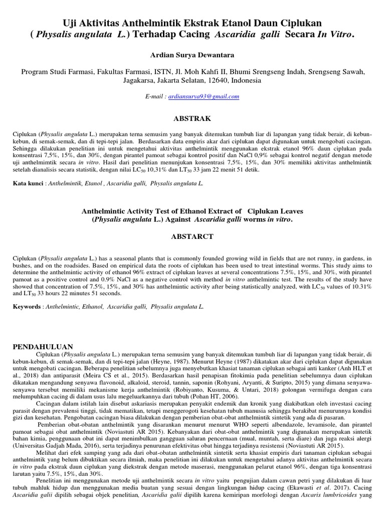Jurnal Aktivitas Anthelmintik Ekstrak Etanol Daun Ciplukan (Ardian Surya 14334010) | PDF