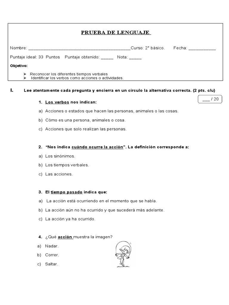 Prueba de Verbos para 2° Básico | PDF | Verbo | Lingüística