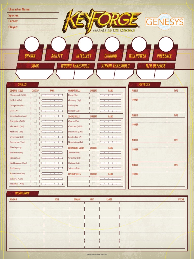 Genesys - Keyforge - Character Sheet | PDF