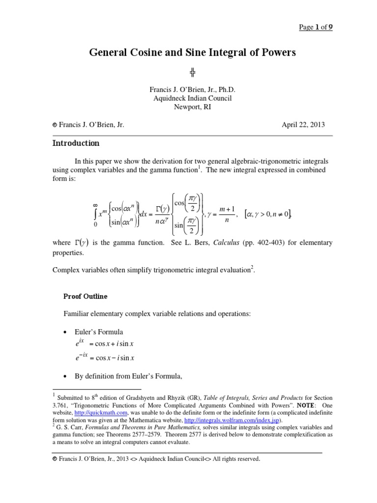 General Sine and Cosine Integral of Powers | PDF | Sine | Trigonometric ...