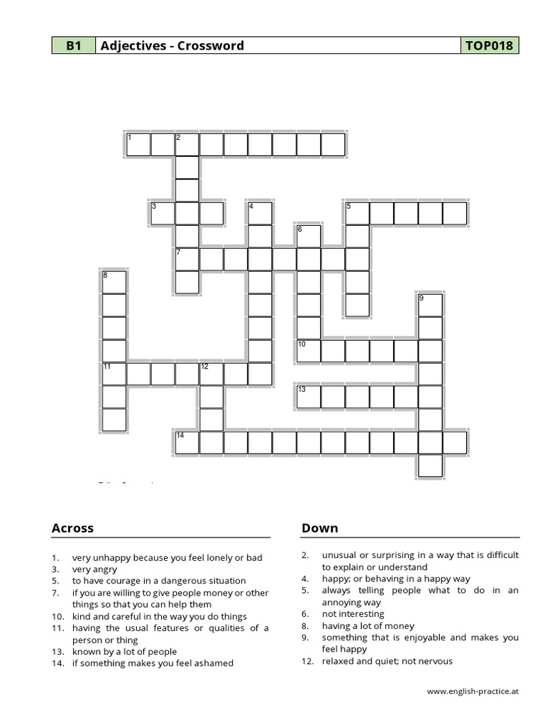 B1 Adjectives - Crossword TOP018: WWW - English-Practice - at | PDF