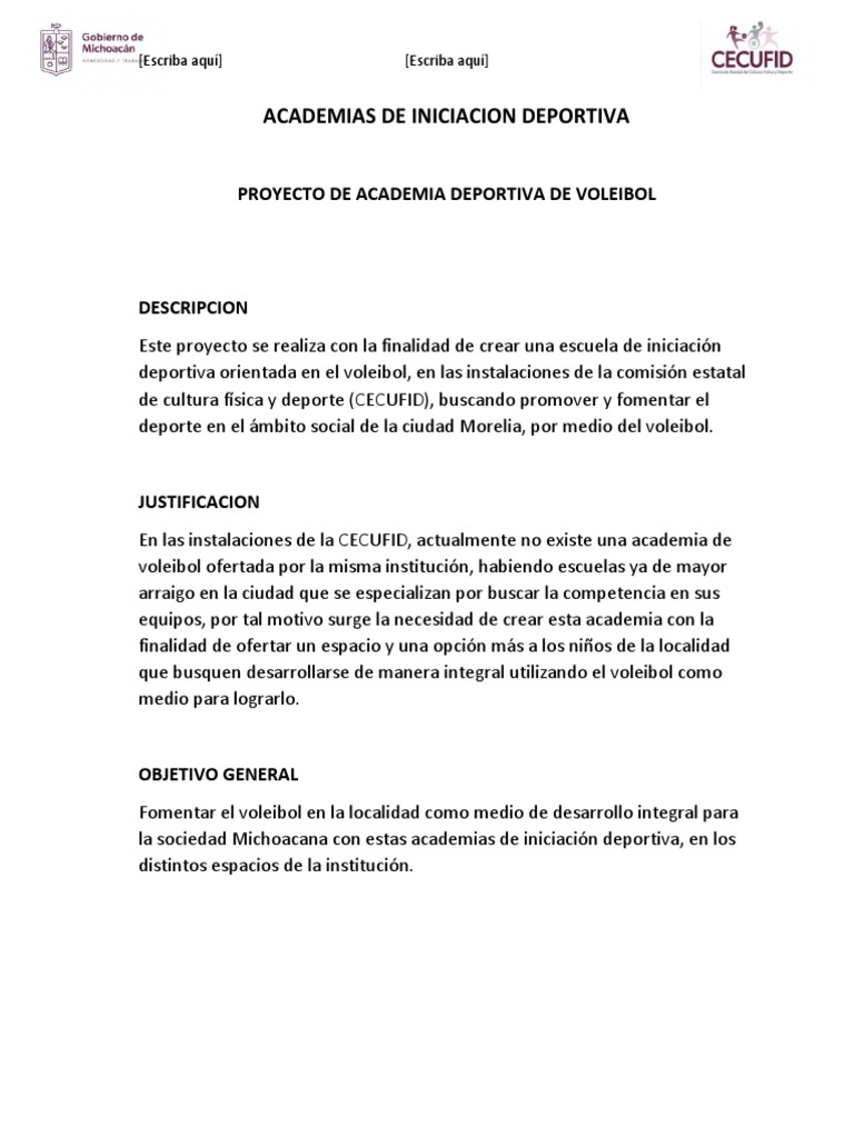 Proyecto Academias de Iniciacion Deportiva Voleibol | PDF | Deportes ...