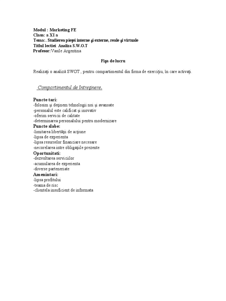 Fisa de Lucru MK FE 12.02 Analiza SWOT | PDF