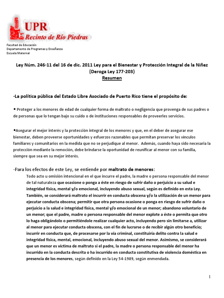 Resumen Ley 246 Maltrato de Menores | PDF | Abuso infantil | Abuso sexual