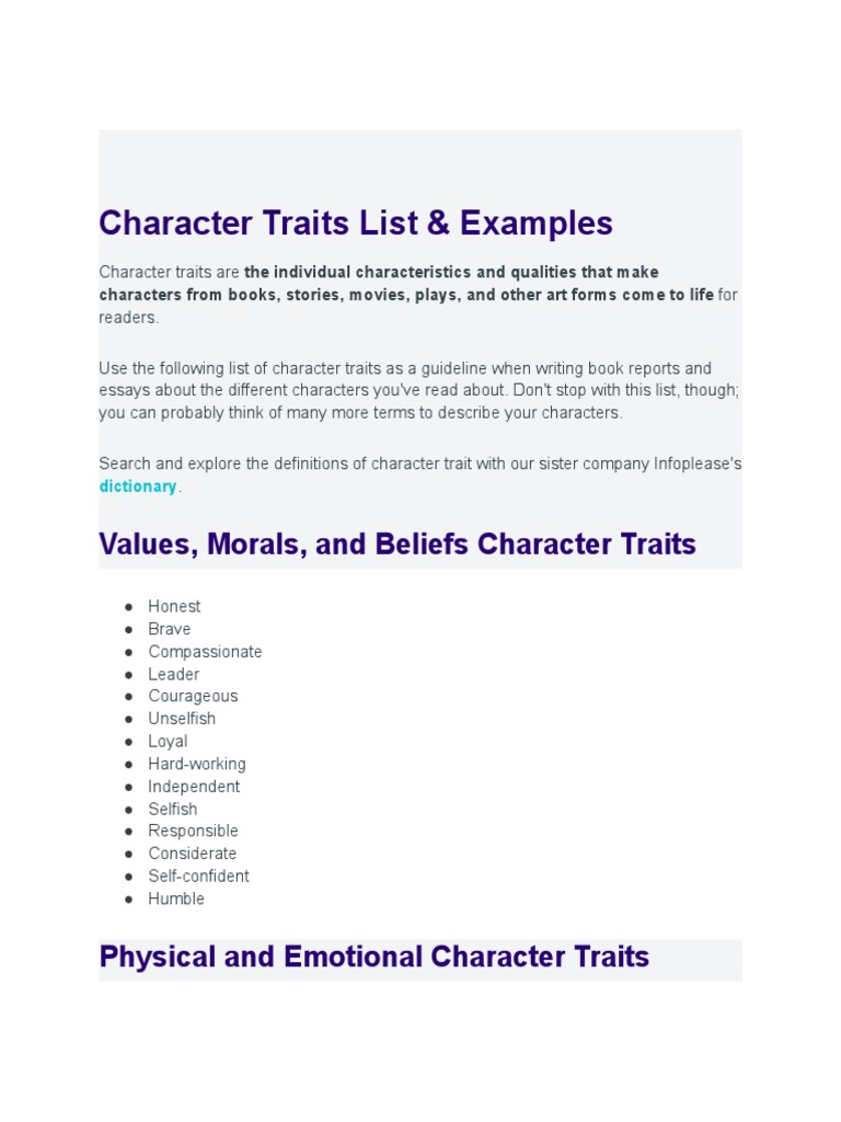 Character Traits: A Comprehensive Guide | PDF | Psychotherapy ...