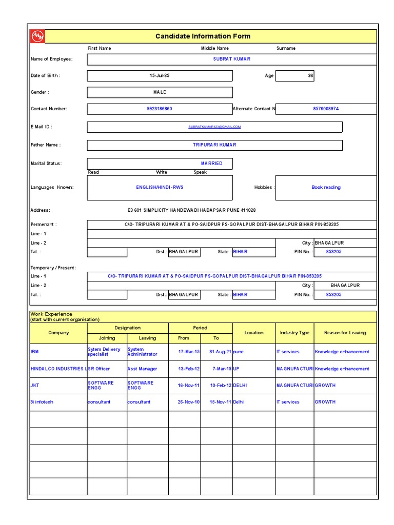 Candidate Information Form | PDF