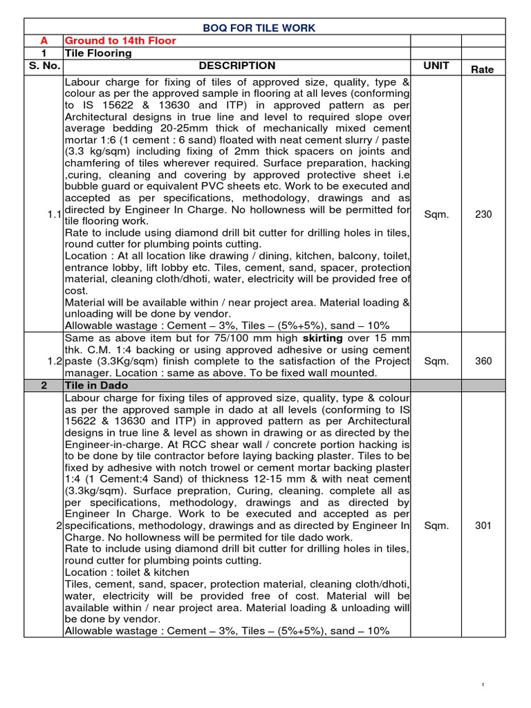 Boq For Tile Flooring and Wall | PDF | Tile | Flooring