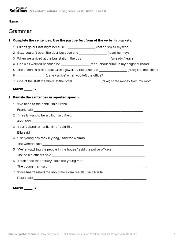 Grammar: Pre-Intermediate Progress Test Unit 9 Test A | PDF | Lee ...