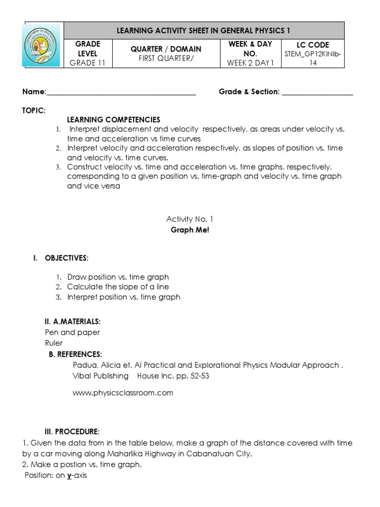 Learning Activity Sheets in Physics 1 Week 2 | PDF | Velocity ...