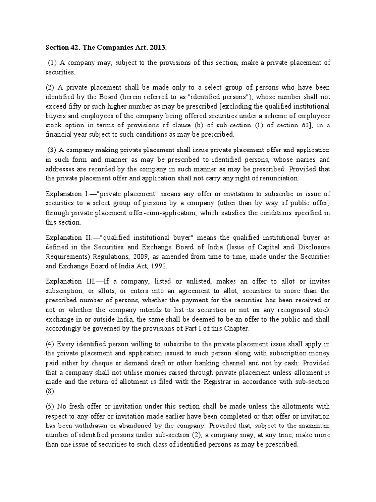Section 42, The Companies Act, 2013 | PDF | Securities (Finance) | Stocks