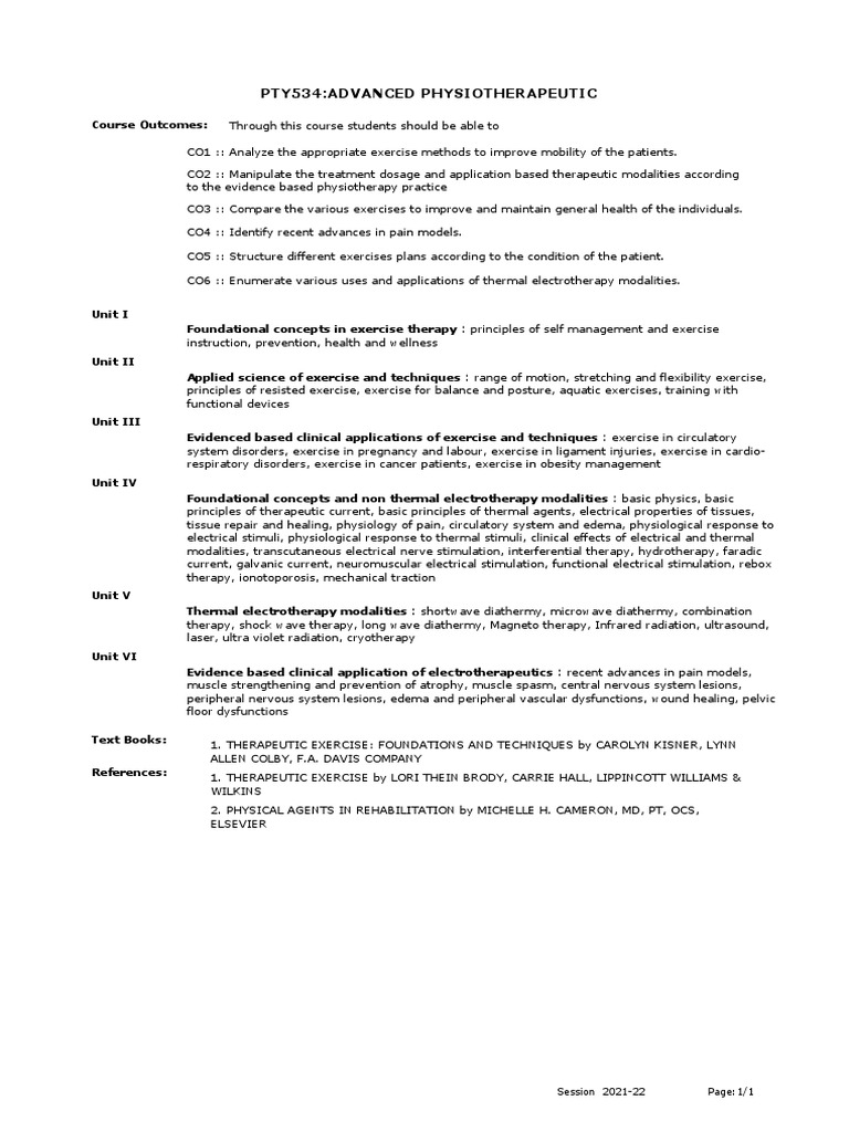 Advanced Physiotherapeutic Syllabus | PDF | Physical Therapy | Health Care