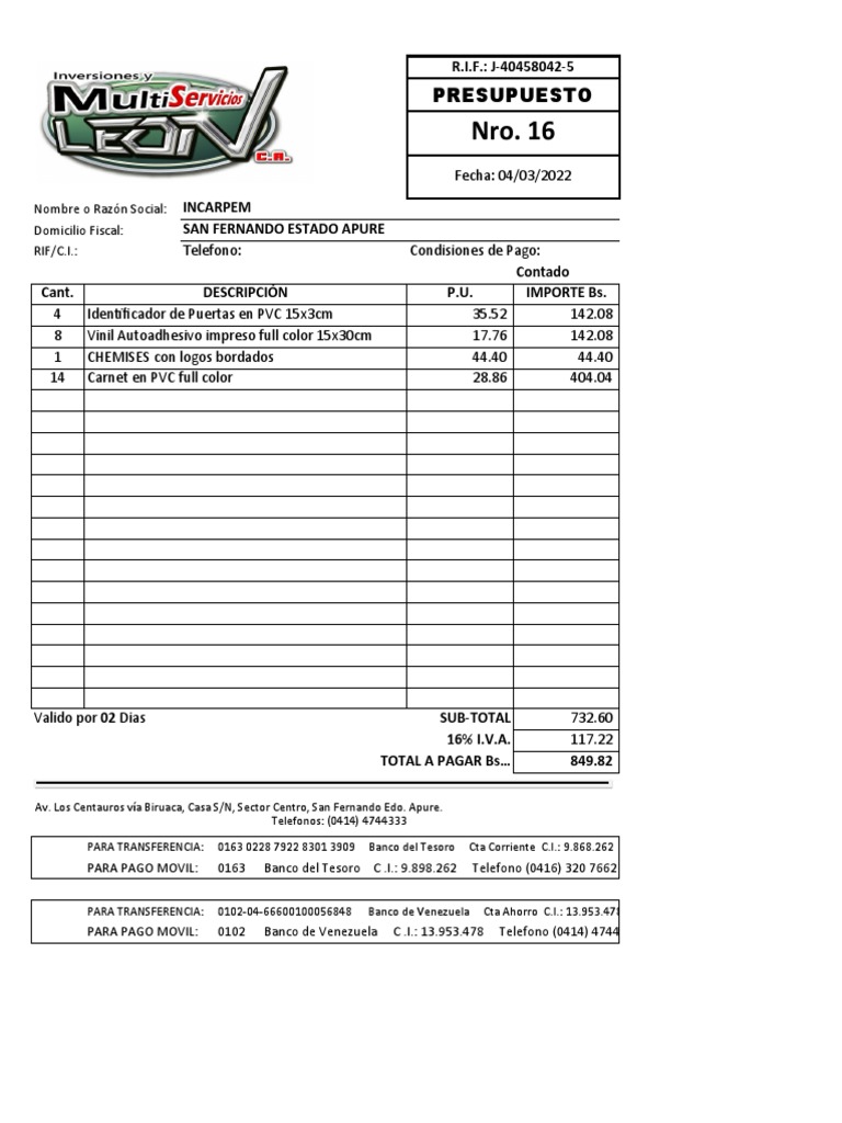 PRESUPUESTO Multiservicios INCARPEM Marzo | PDF | Servicios (economía) | Tecnología móvil