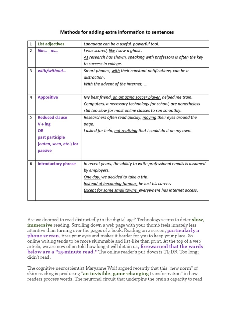 Adding Extra Information To Sentences | PDF | Speed Reading | Internet