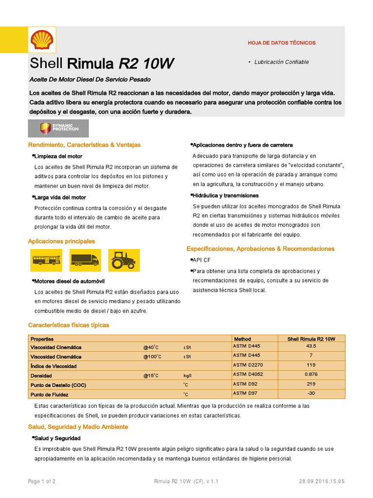 Ficha Tecnica Shell Rimula R2 10W | PDF | Aceite de motor