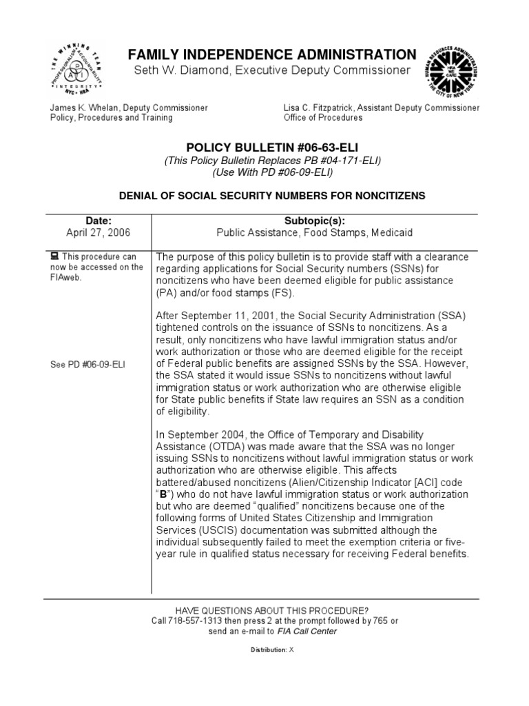 Pb 06-63 Denial of Ssns for Non Citizens | Social Security Number ...