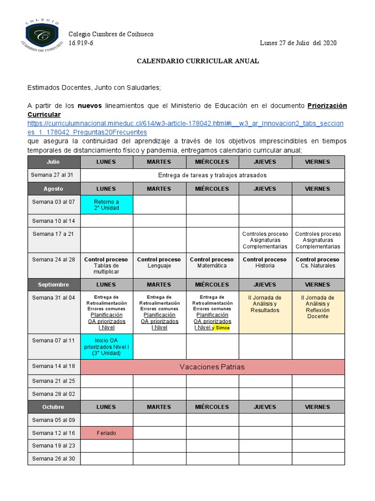1) 2020 II Semestre - Calendario Técnico Curricular Anual | PDF