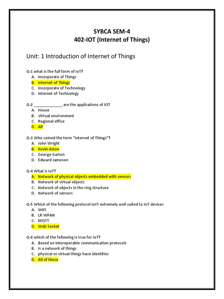 Sybca Sem-4 402-IOT (Internet of Things) Unit: 1 Introduction of Internet of Things | PDF ...