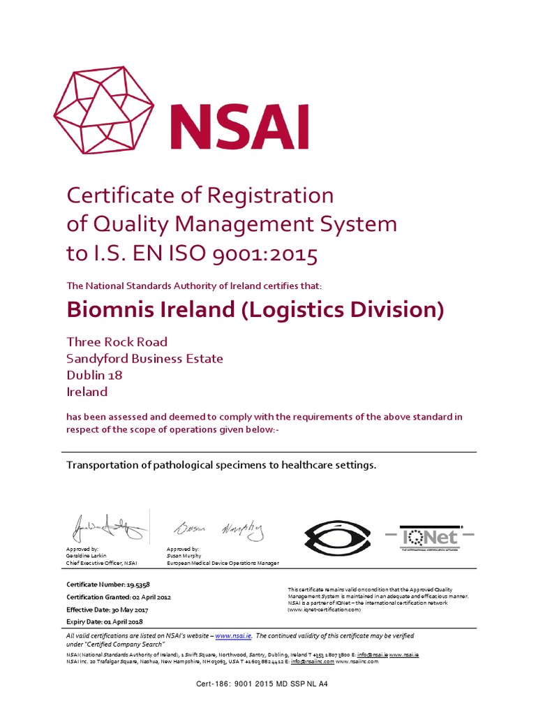 Certificate of Registration of Quality Management System To I.S. EN ISO ...