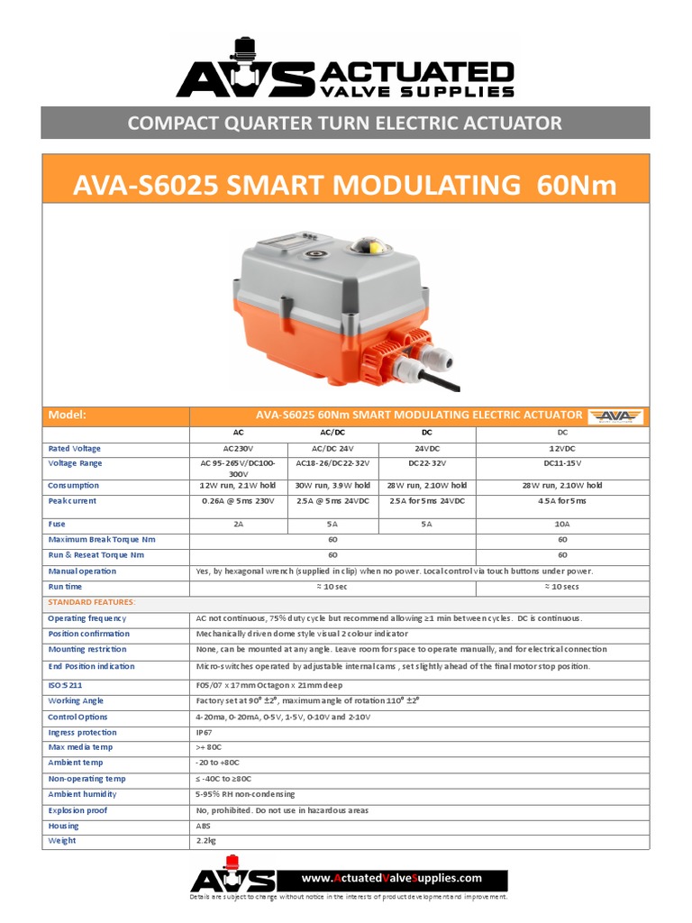 AVA Electric Actuator S60.25 Smart Modulating Mar 17 | PDF | Electric Motor | Electrical Wiring