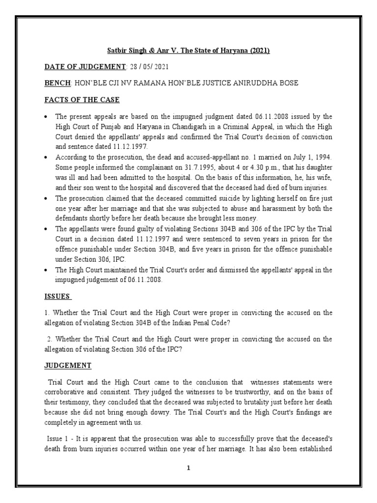 CS On Satbir Singh & Another v. State of Haryana | PDF | Judgment (Law) | Prosecutor