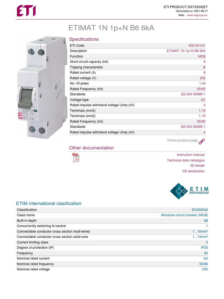 ETIMAT 1N 1p+N B6 6ka: Specifications | Download Free PDF | Alternating Current | Electrical ...