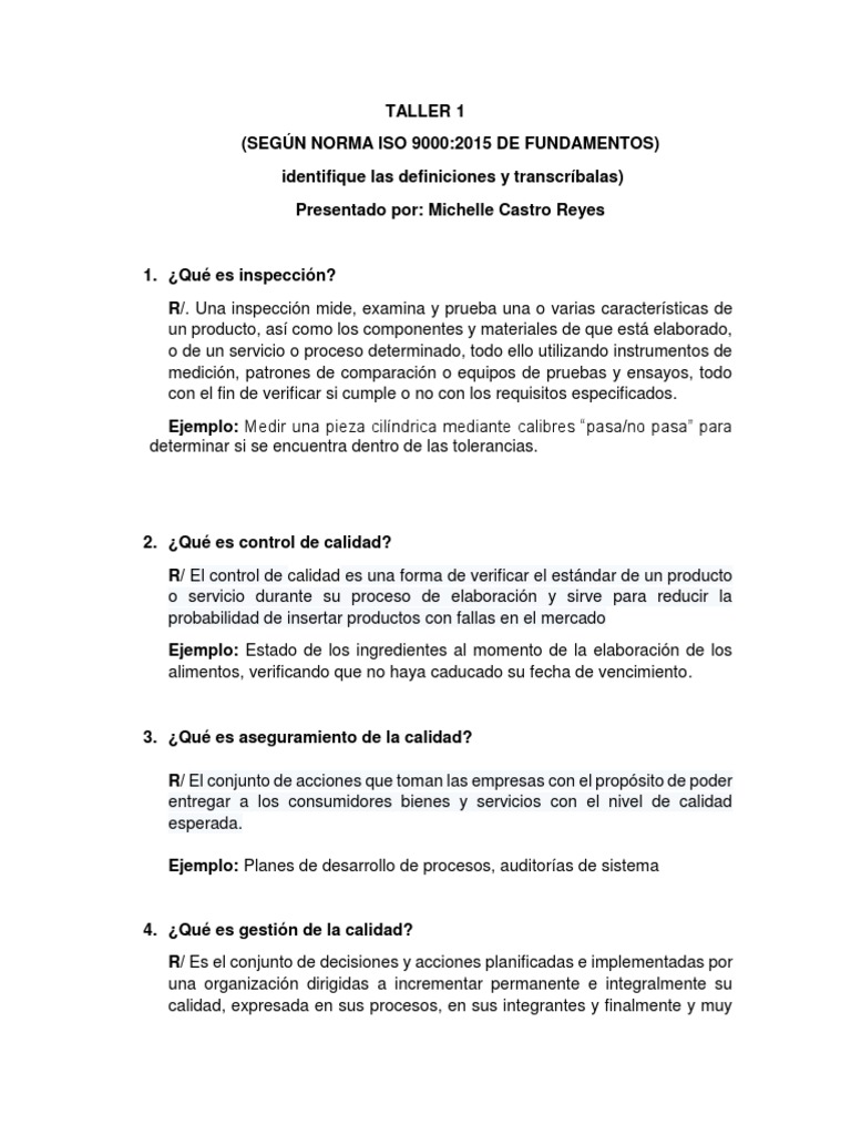 Taller Conceptos Definiciones de Terminos Relacionados Con La Calidad ...