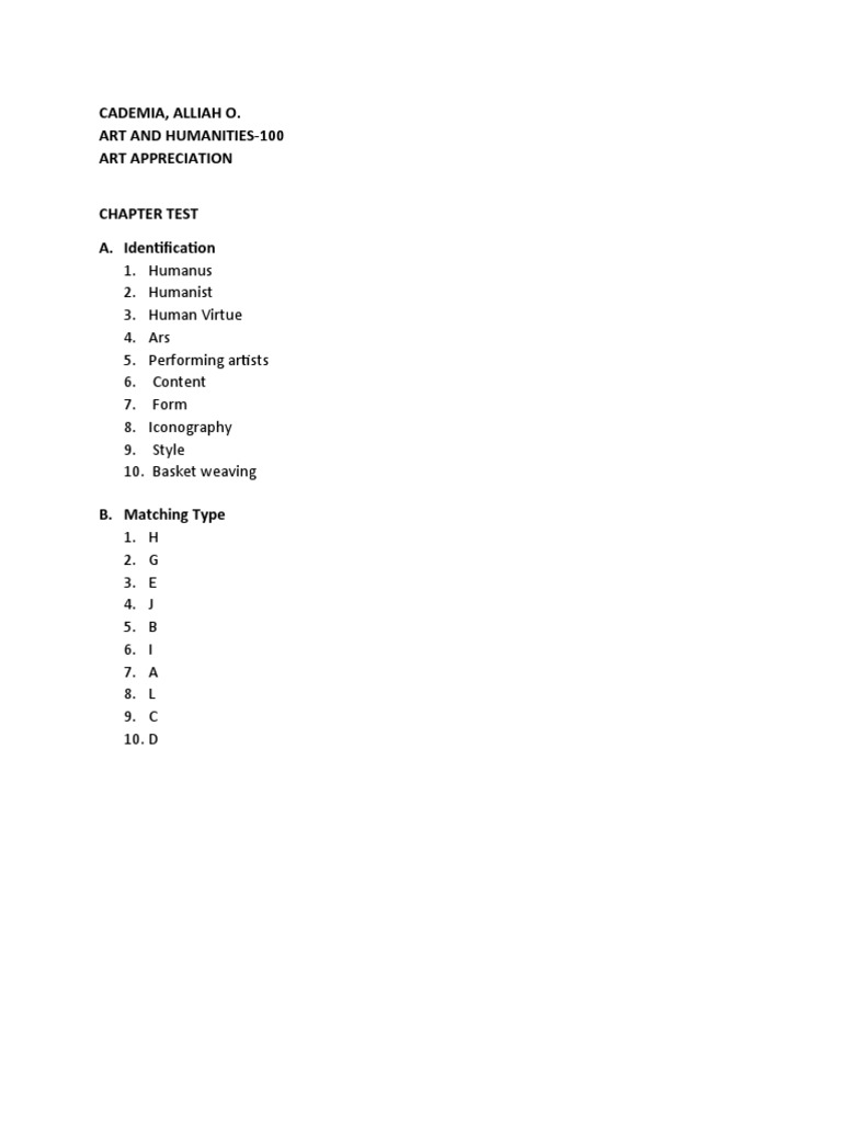 Cademia, Alliah O. Art and Humanities-100 Art Appreciation Chapter Test ...